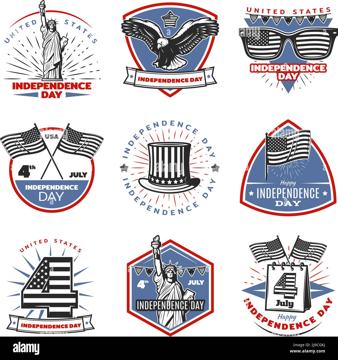 Colored vintage Independence Day emblems set with american traditional ...