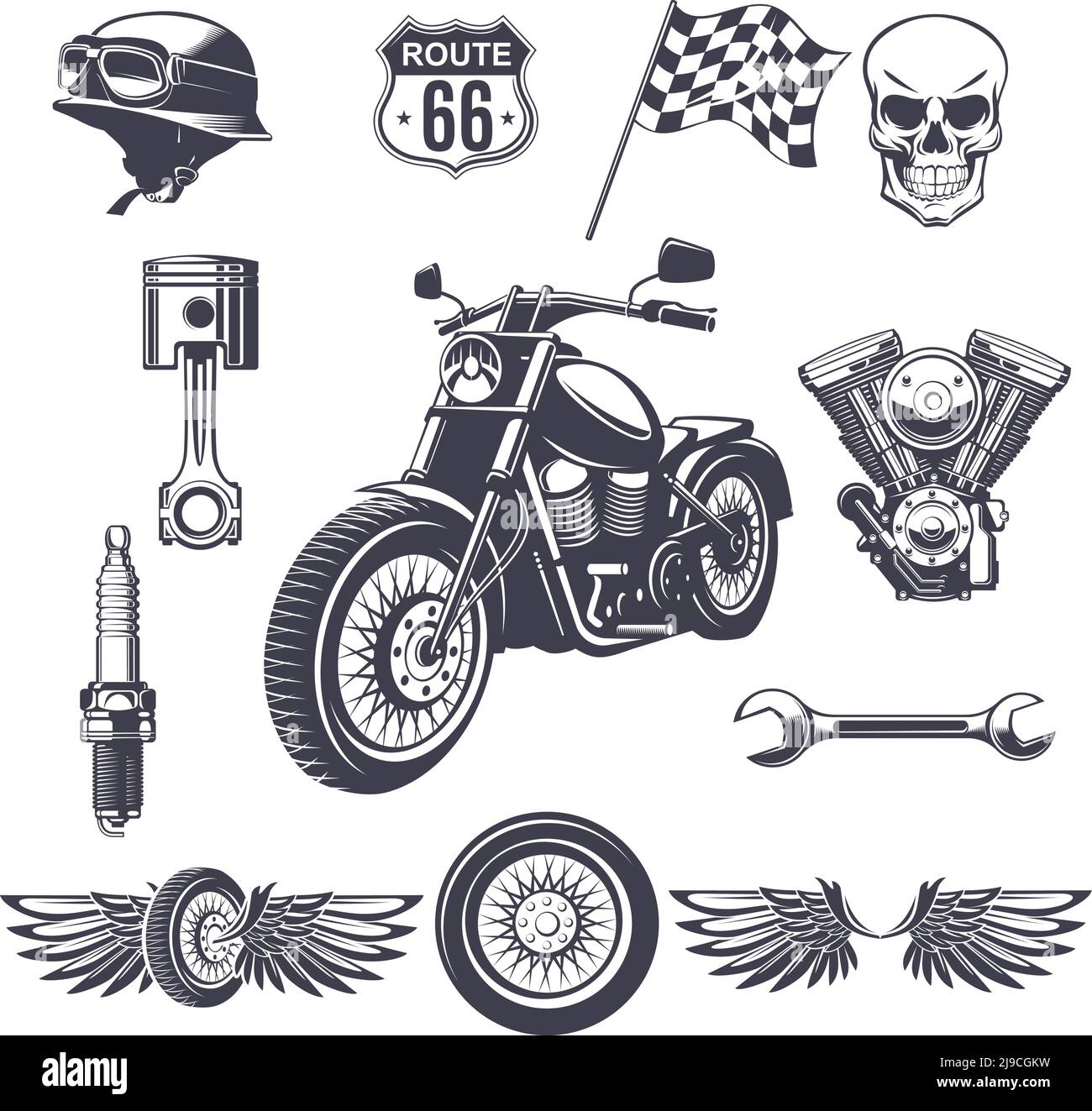 Vintage motorcycle elements collection with motorbike helmet skull ...