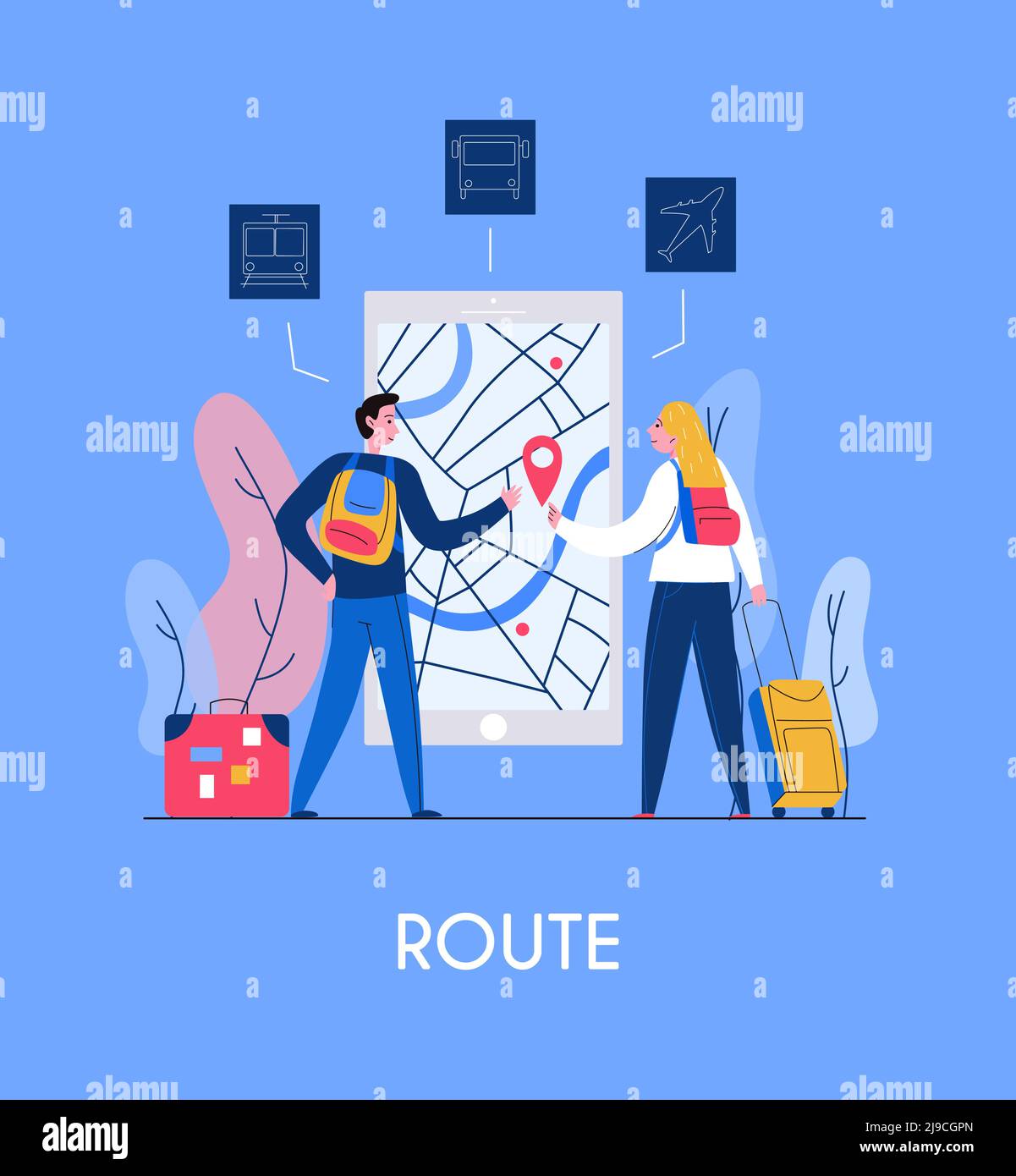 Two tourists and tourism mobile application interface with maps and ...