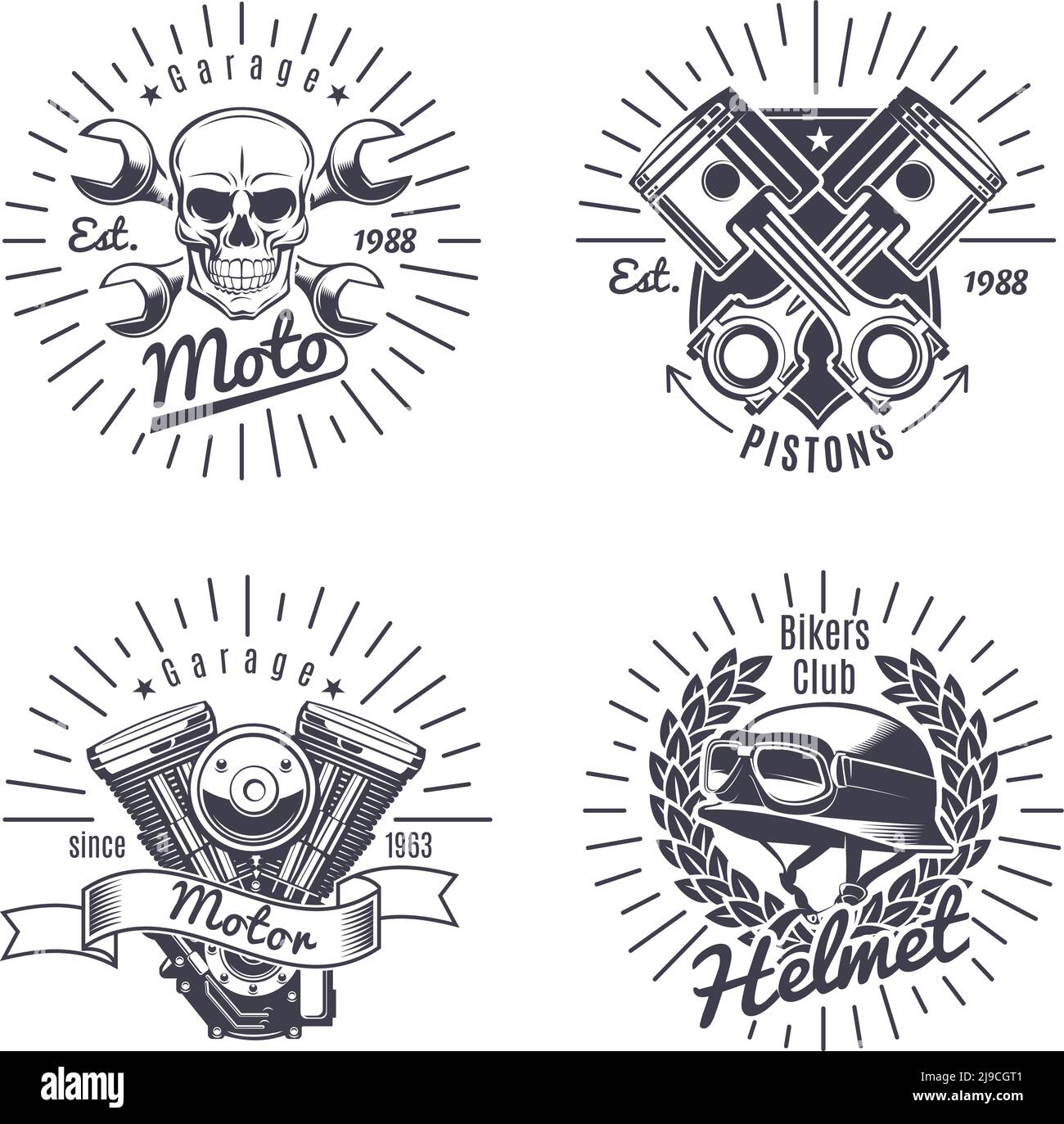 Vintage monochrome motorcycle emblems set with inscriptions skull ...