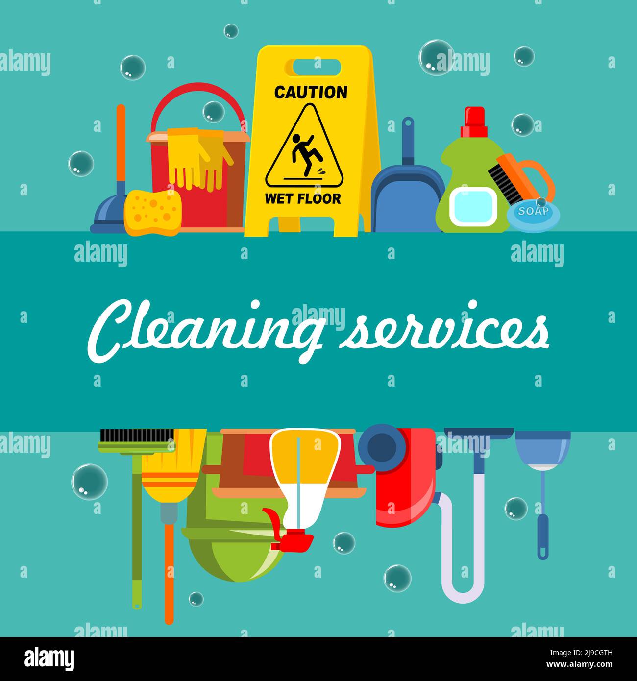 Cleaning service flat template with washing equipment and tools vector ...