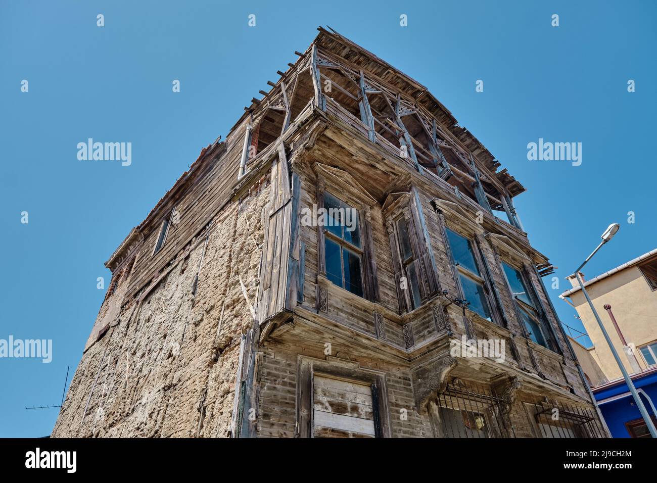 Ancient and abandoned house, house made of mud and wooden and low angle ...