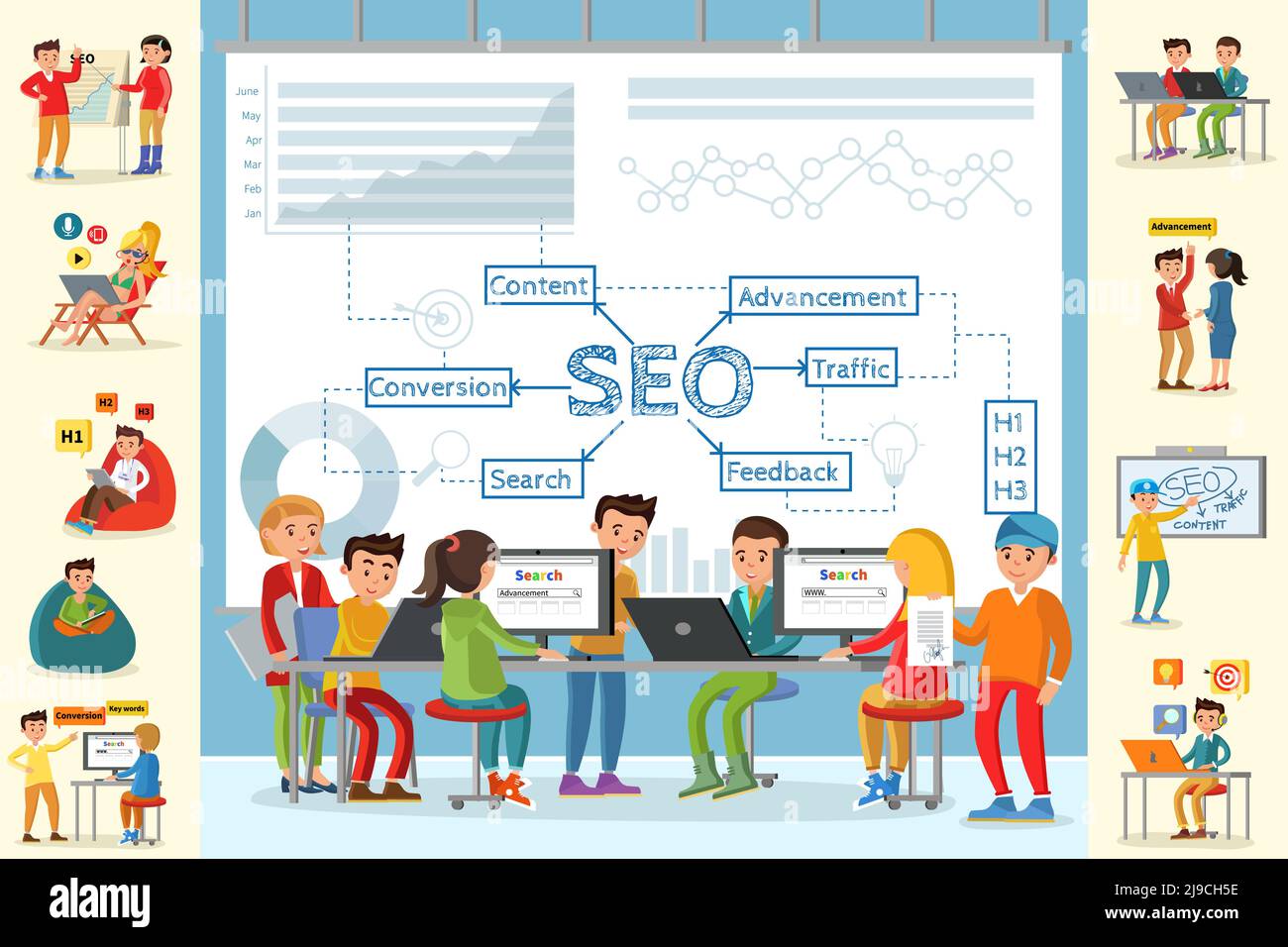 Business analysis infographic concept with people working in office on ...
