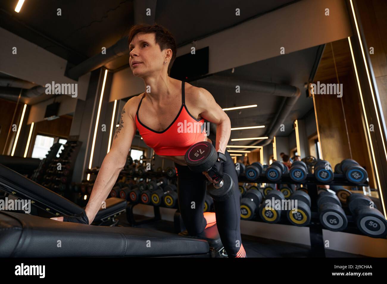 Woman doing single dumbbell workout at gym Stock Photo - Alamy