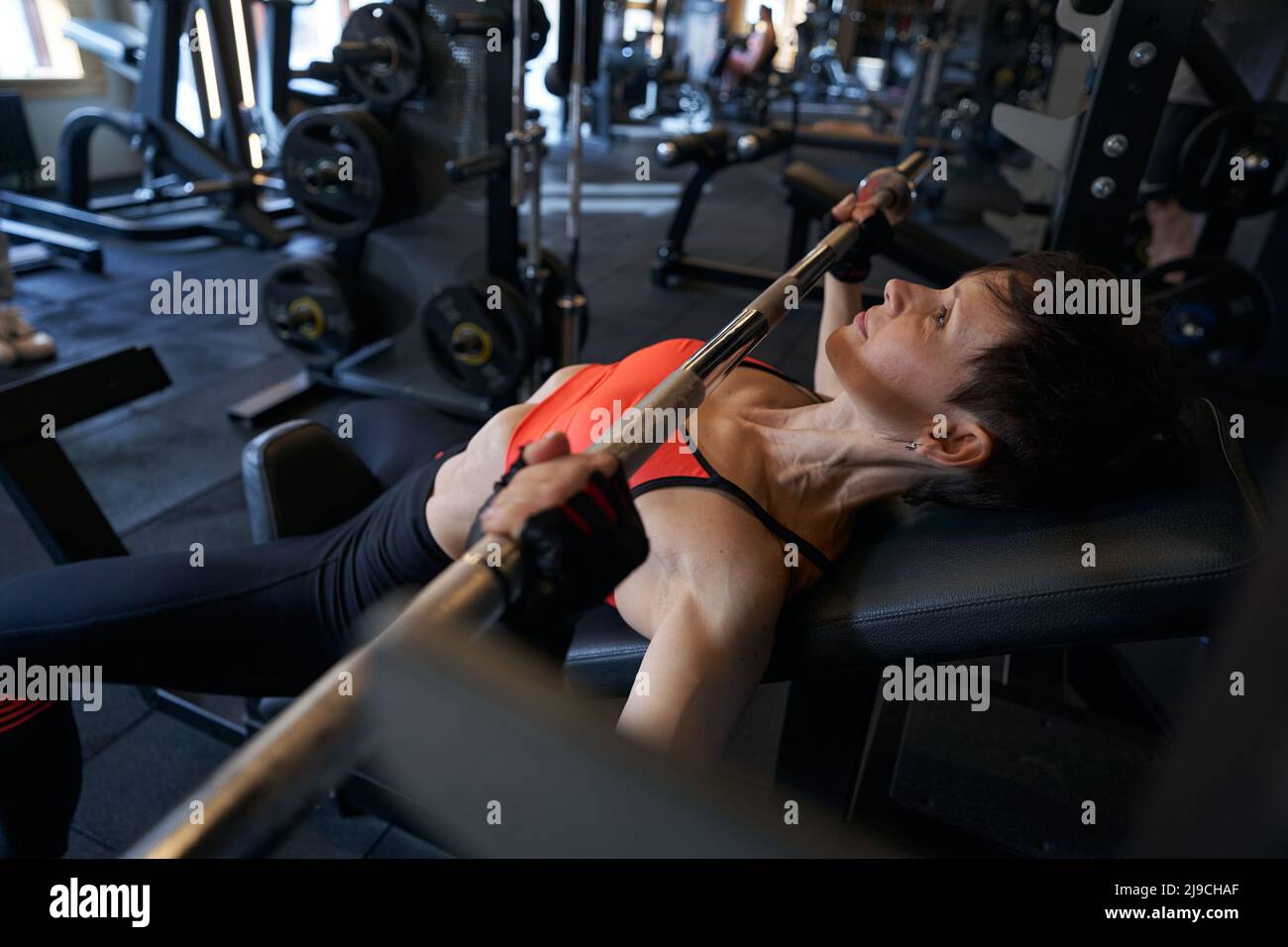 Professional female athlete bench-pressing in fitness studio Stock ...