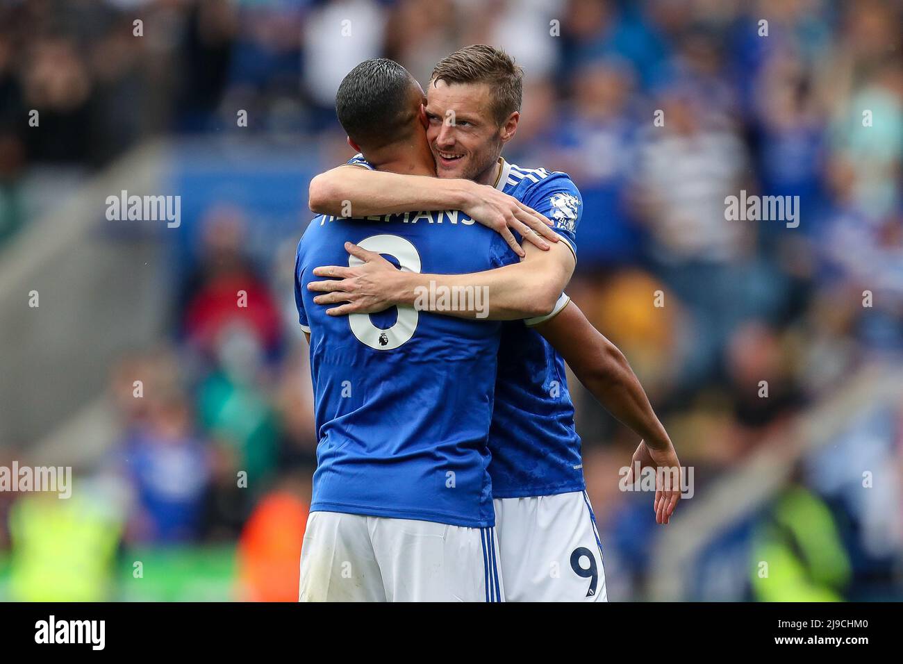 Jamie Vardy #9 of Leicester City celebrates his goal hugging Youri ...