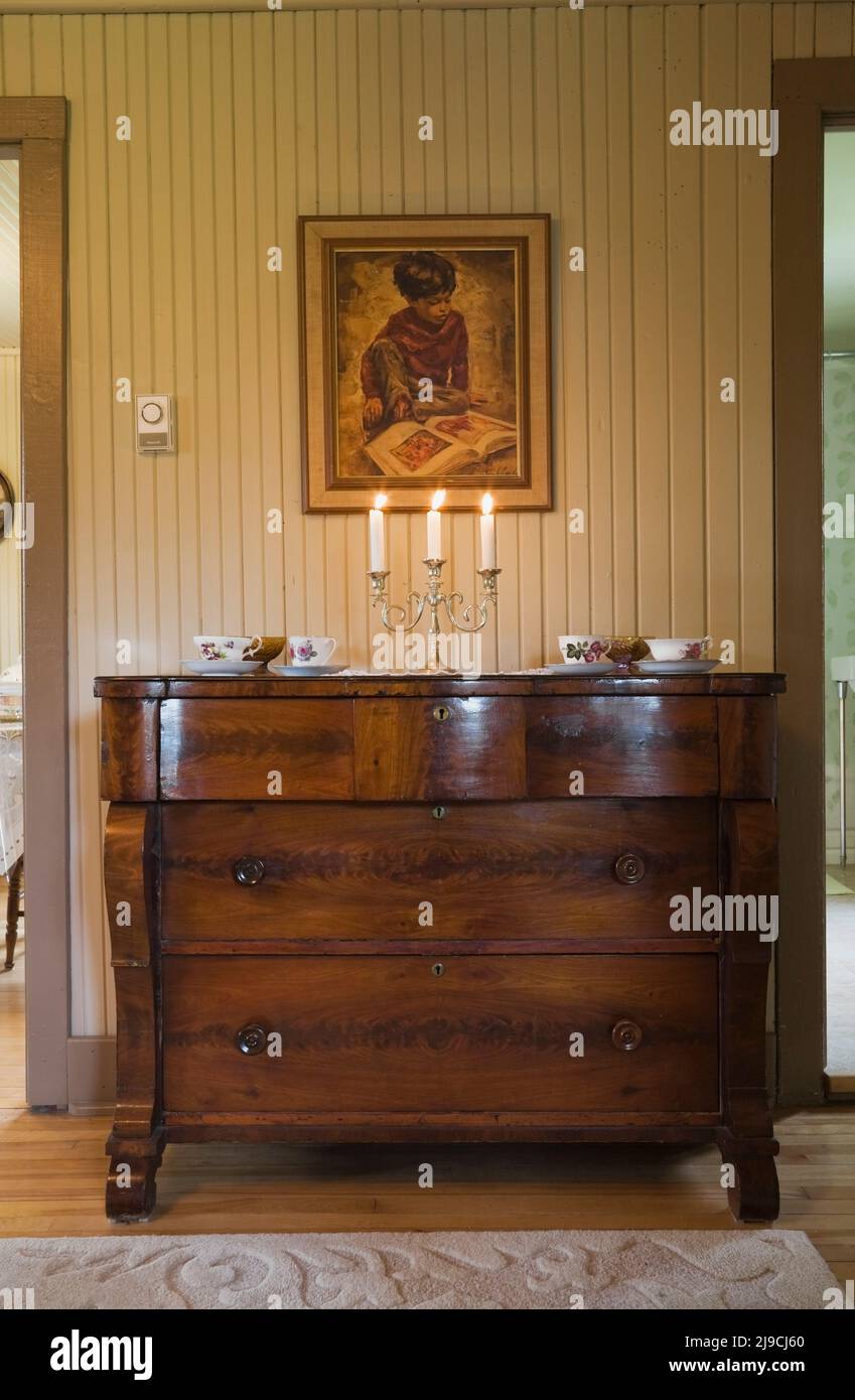 Antique dresser and furnishings in living room inside old circa 1850 ...