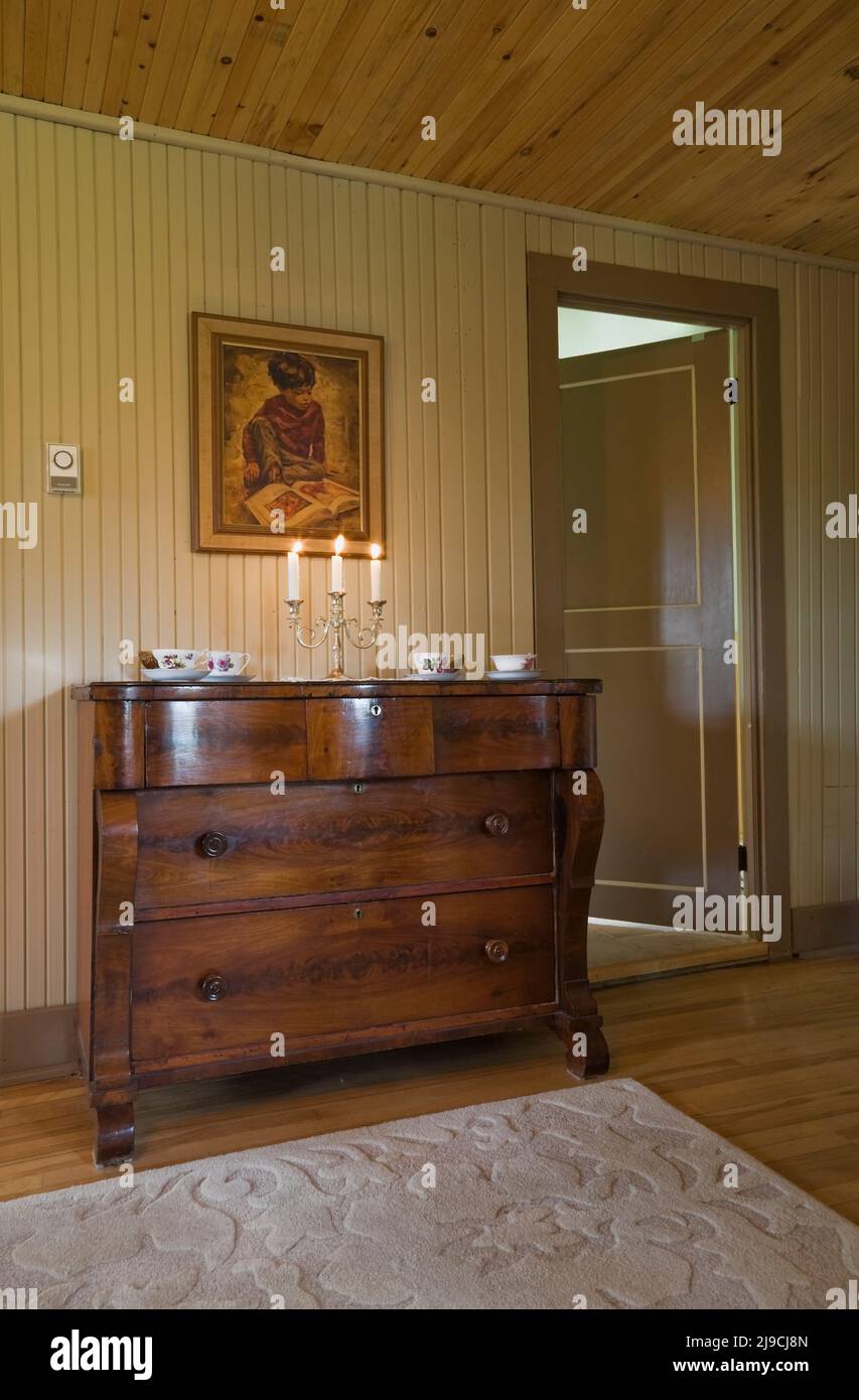 Antique dresser and furnishings in living room inside old circa 1850 ...