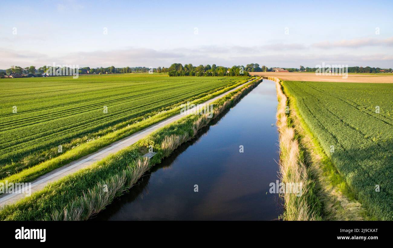 Straight road next to water canal in flat country Stock Photo - Alamy