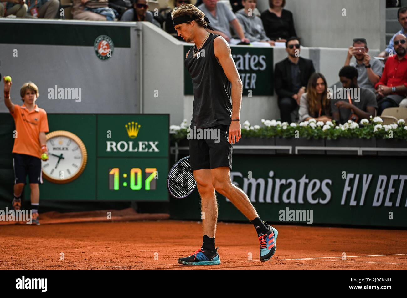 Alexander ZVEREV of Germany looks dejected during the Day one of Roland-Garros 2022, French Open ...