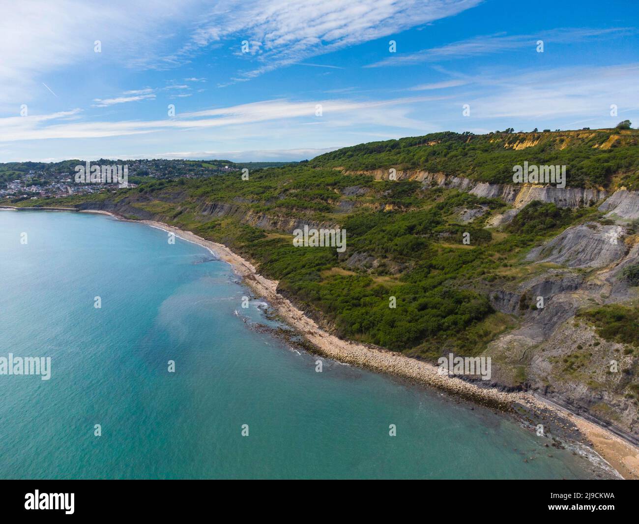 Charmouth, Dorset, UK. 22nd May 2022. UK Weather. View from the air of ...