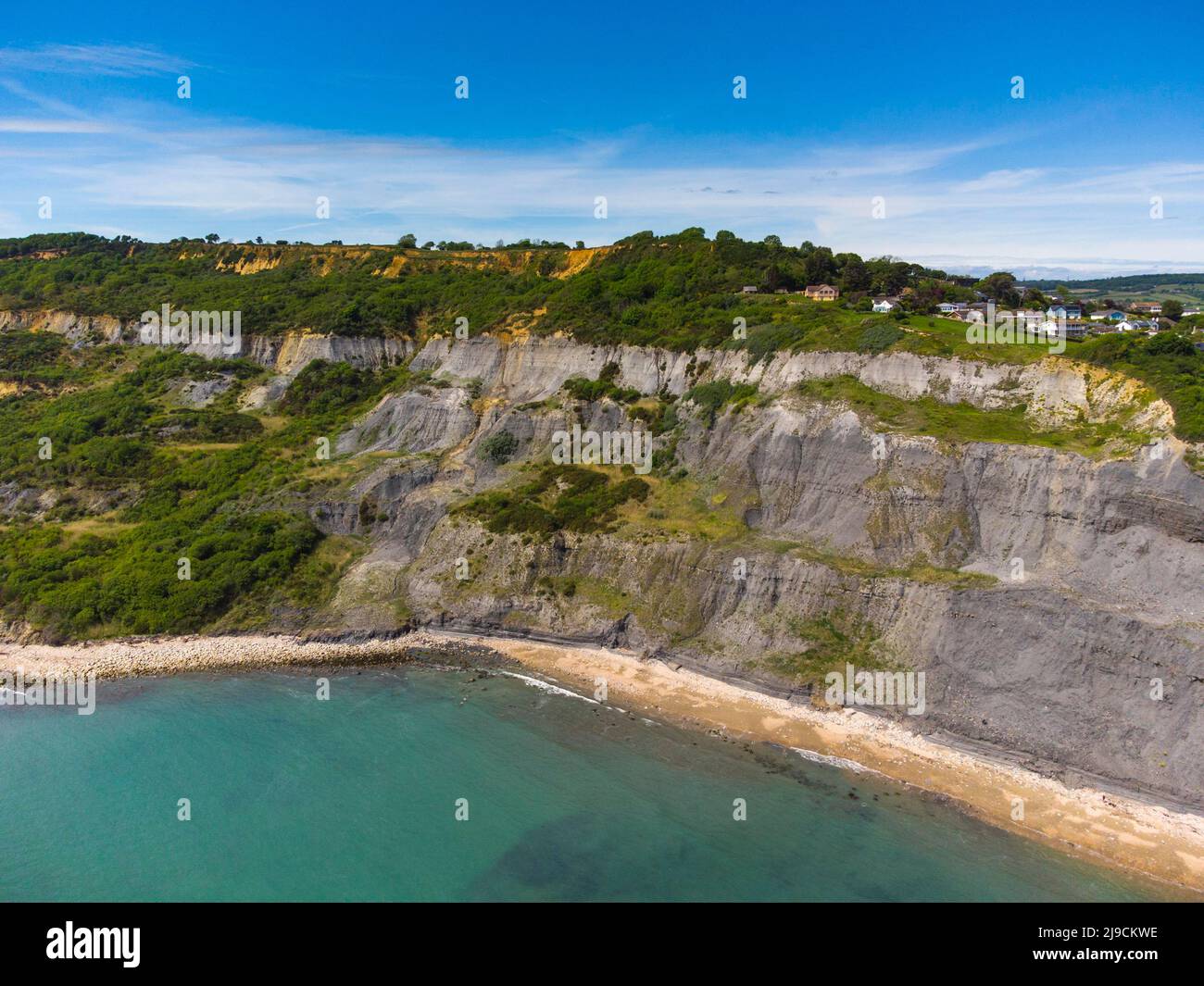 Charmouth, Dorset, UK. 22nd May 2022. UK Weather. View from the air of ...