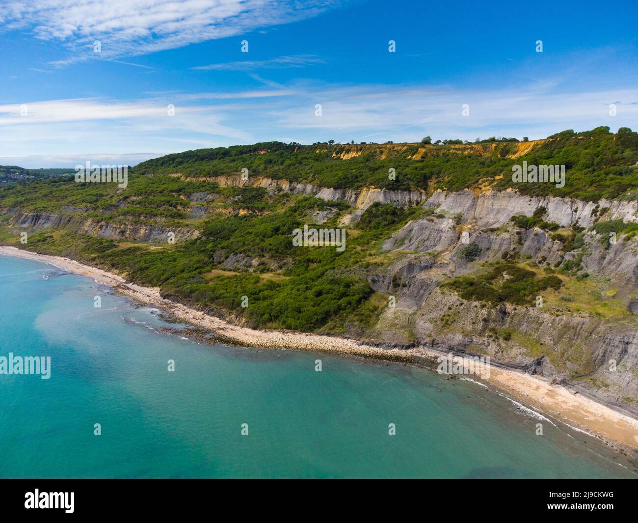 Charmouth, Dorset, UK. 22nd May 2022. UK Weather. View from the air of ...