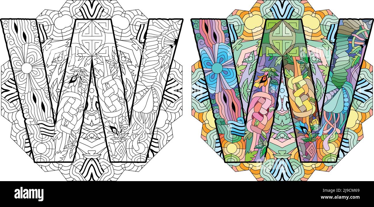 Letter W monogram, engraving design on mandala for coloring. Vector ...