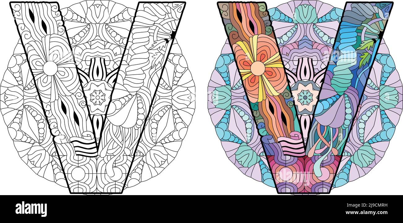 Letter V monogram, engraving design on mandala for coloring. Vector ...