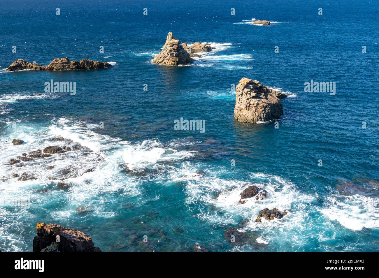 Panoramic view Playa del Roque de las Bodegas and blue Atlantic ocean ...