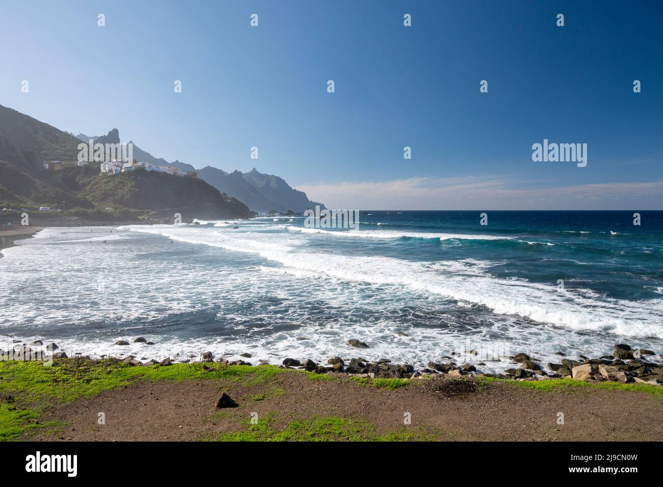 Panoramic view on lava rocks of laya de Almaciga and blue Atlantic ...