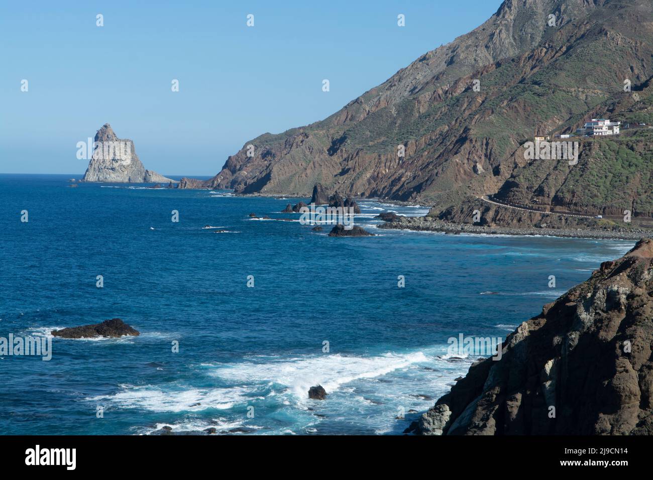 Panoramic view on black lava rocks of Playa del Roque de las Bodegas ...