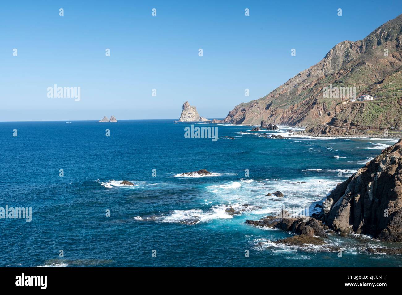 Panoramic view Playa del Roque de las Bodegas and blue Atlantic ocean ...