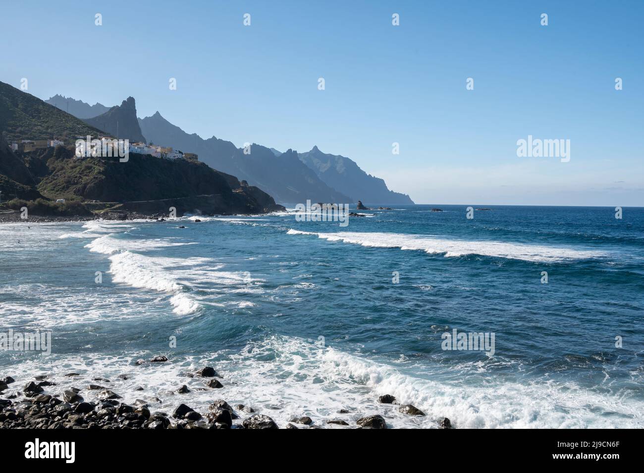 Panoramic view on lava rocks of laya de Almaciga and blue Atlantic ...