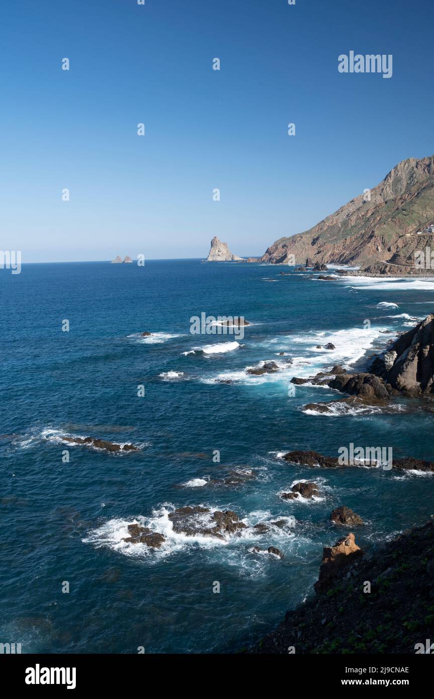 Panoramic view Playa del Roque de las Bodegas and blue Atlantic ocean ...