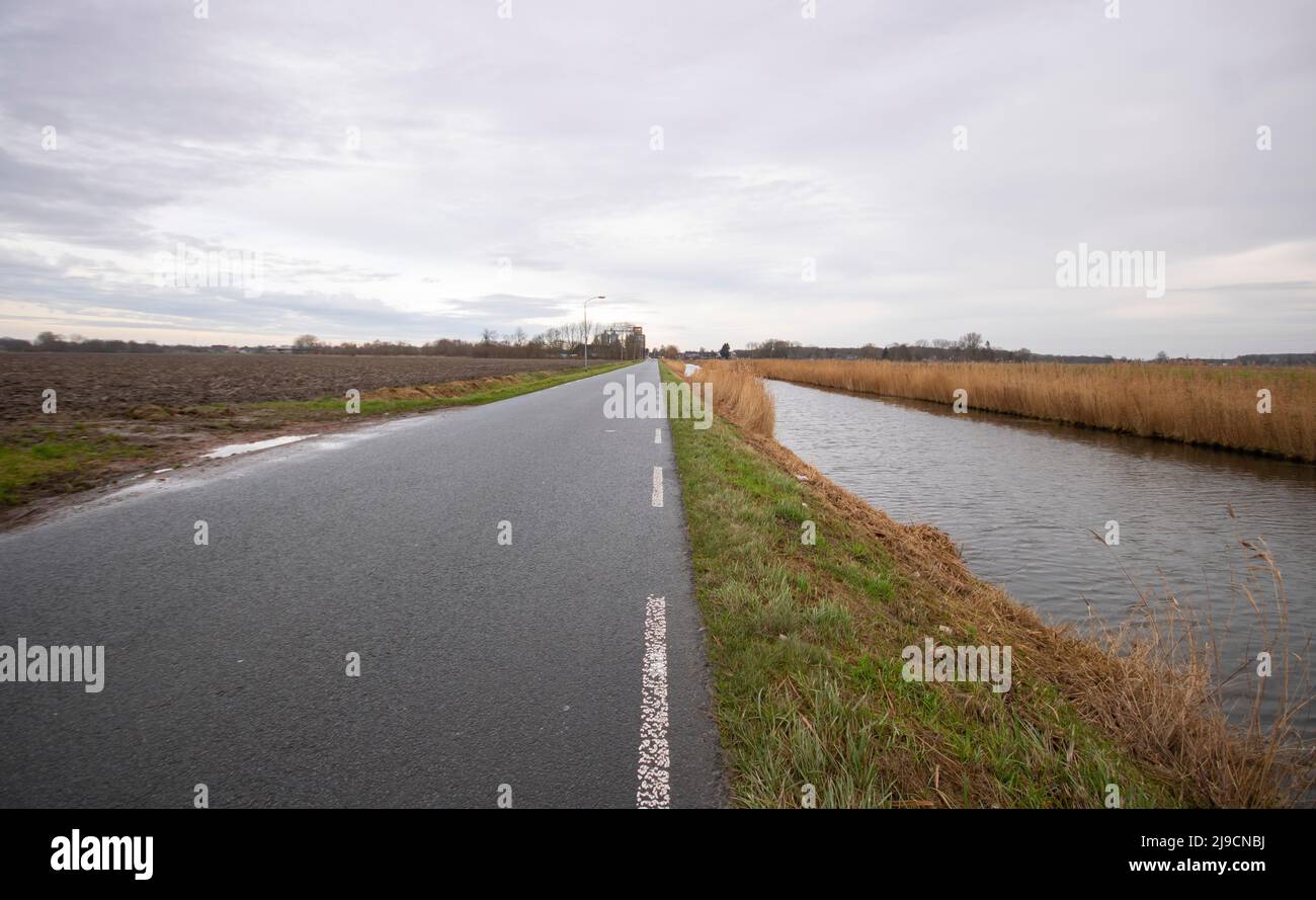Straight road next to water canal in flat country Stock Photo - Alamy