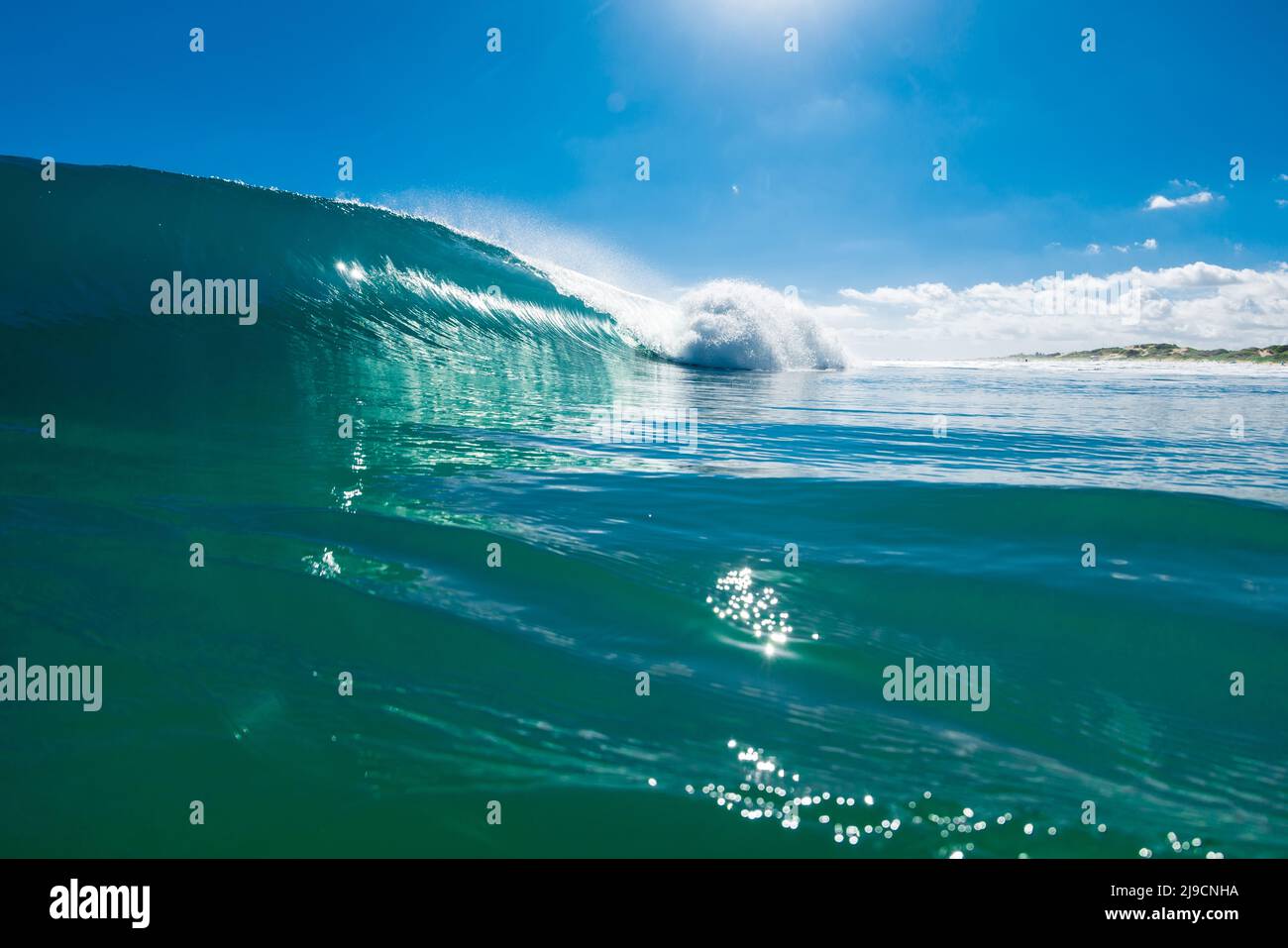 Turquoise perfect wave in tropical ocean. Breaking barrel wave and blue ...
