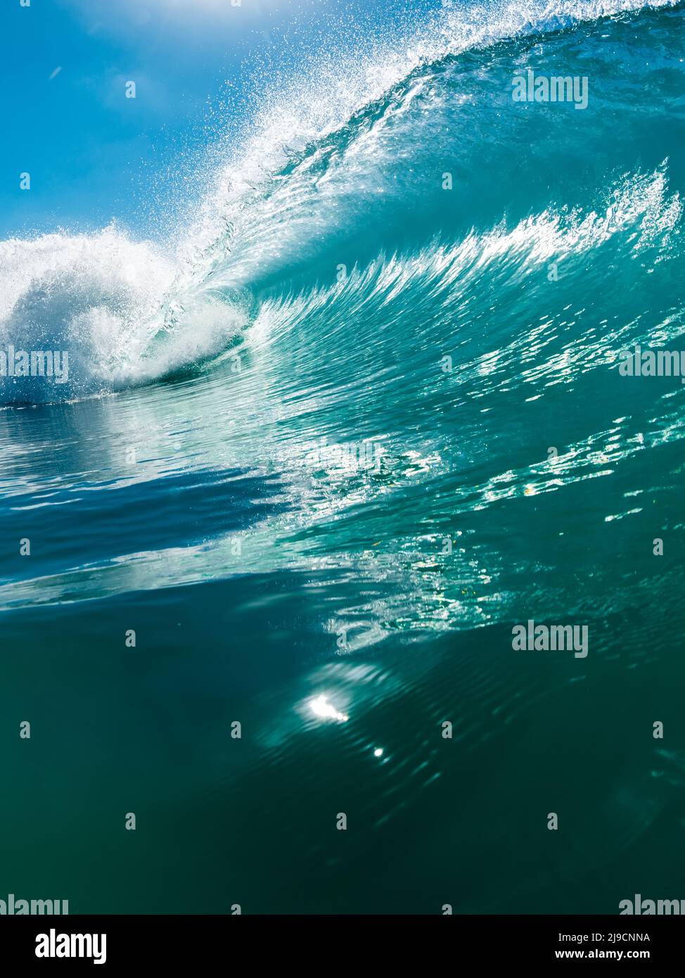 Barrel wave in tropical ocean. Breaking blue wave with sunlight Stock ...