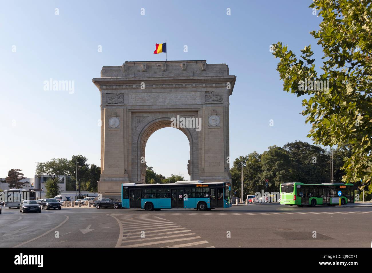 BUCHAREST, ROMANIA - AUGUST 17, 2021: Sunset view of Arch of Triumph in ...