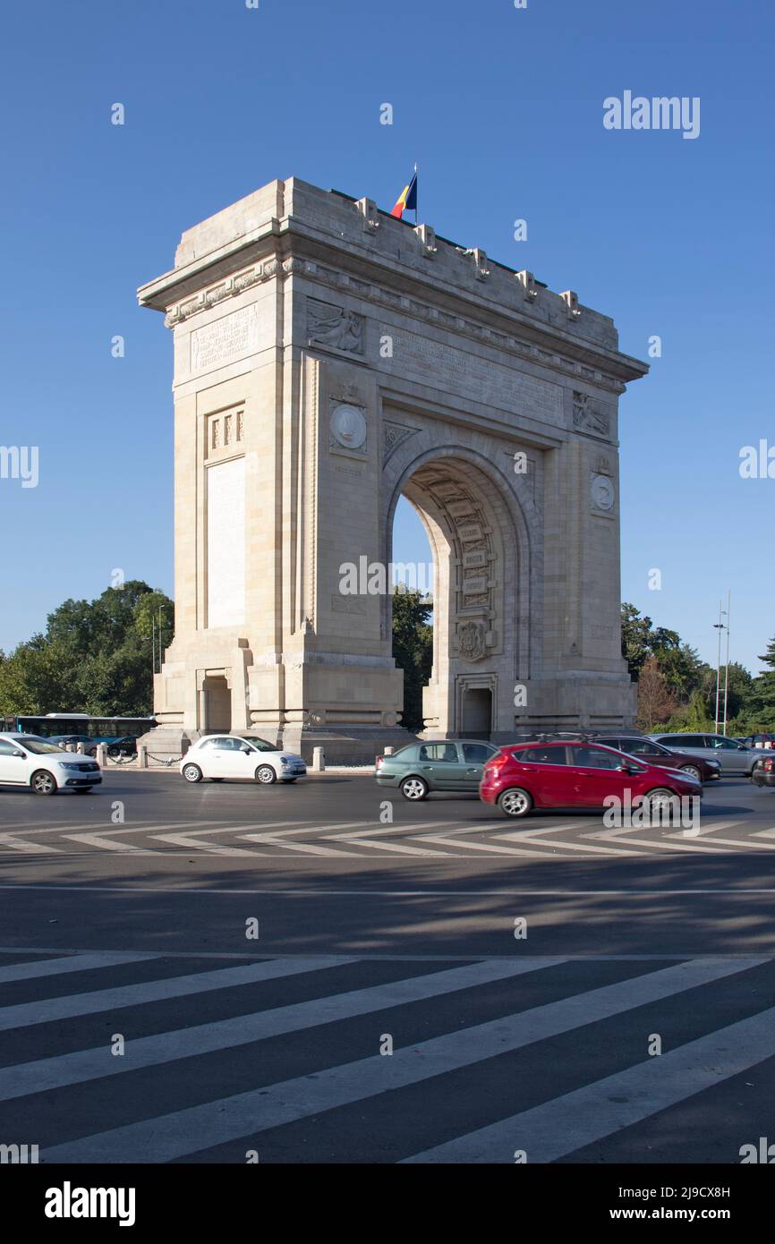 BUCHAREST, ROMANIA - AUGUST 17, 2021: Sunset view of Arch of Triumph in ...