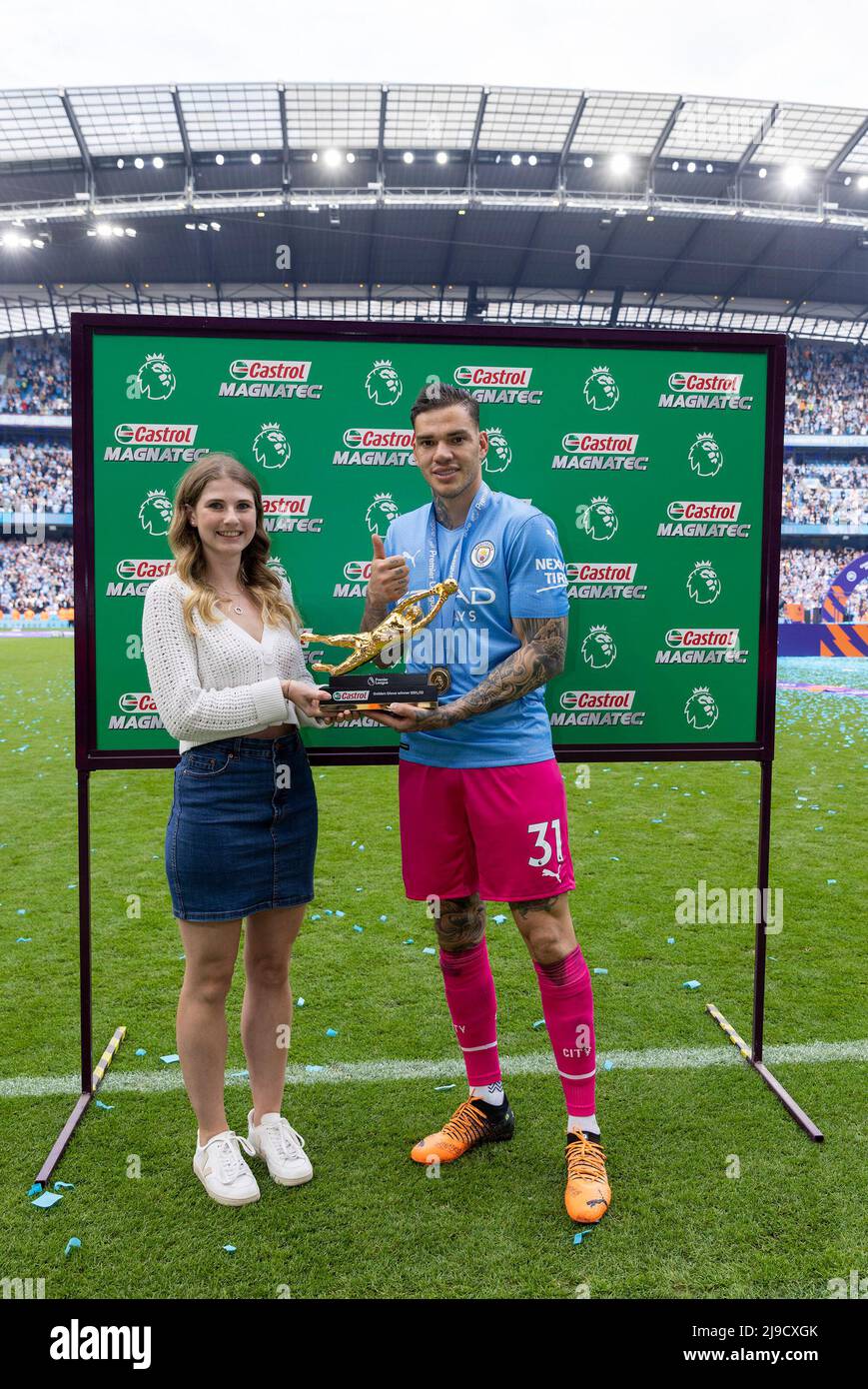 Ella Nuttall from Castrol presents Ederson golden Glove trophy after ...