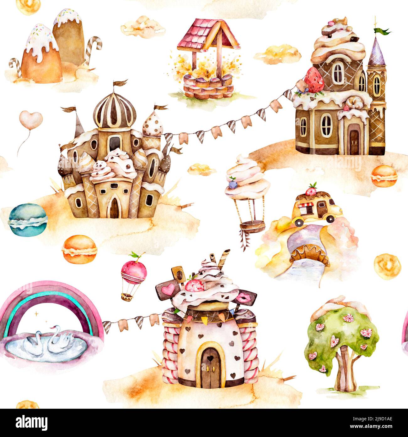 Sweet land watercolor seamless pattern, wallpaper isolated on white ...