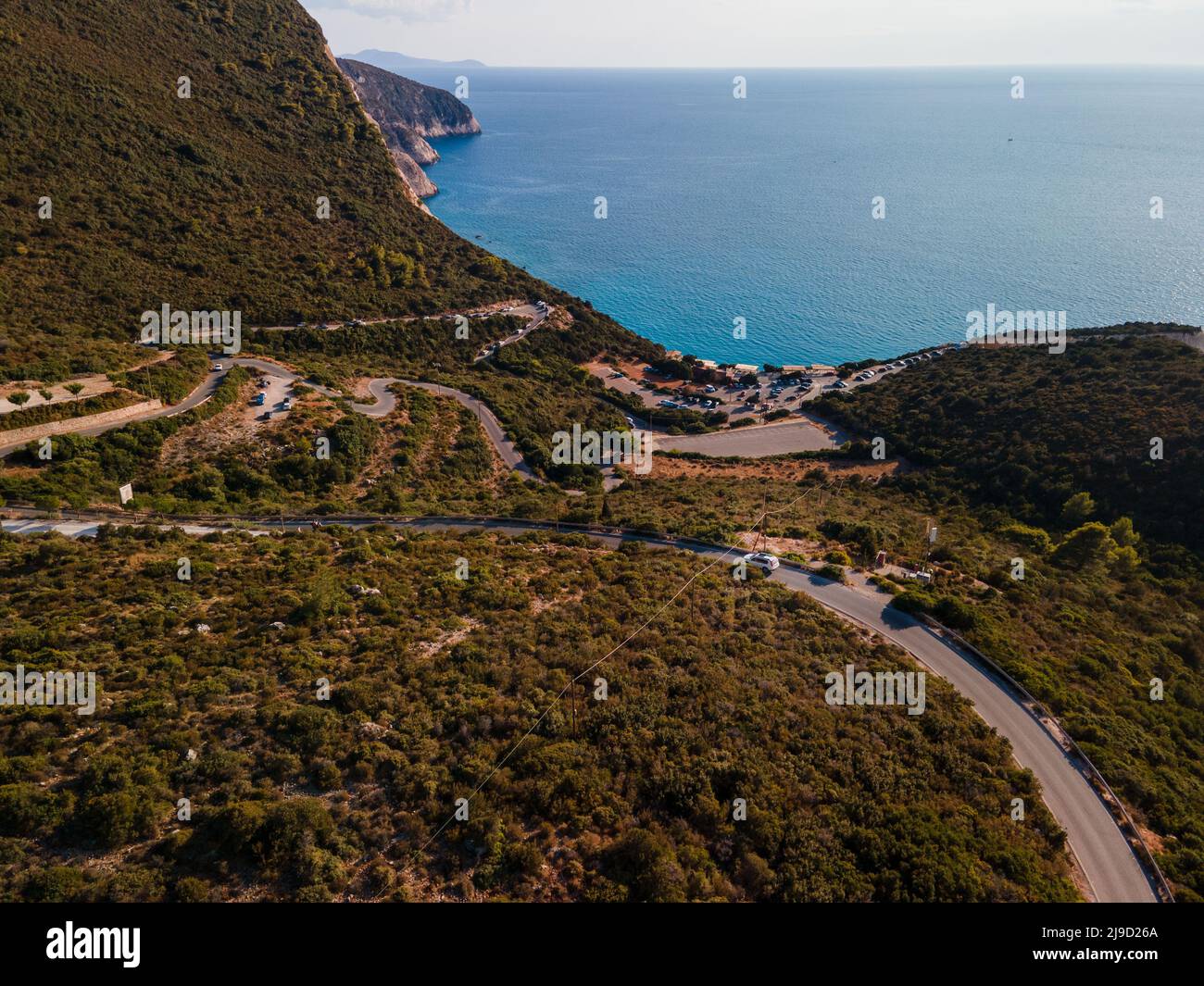aerial view of car moving by road at Lefkada island Greece near ionian ...