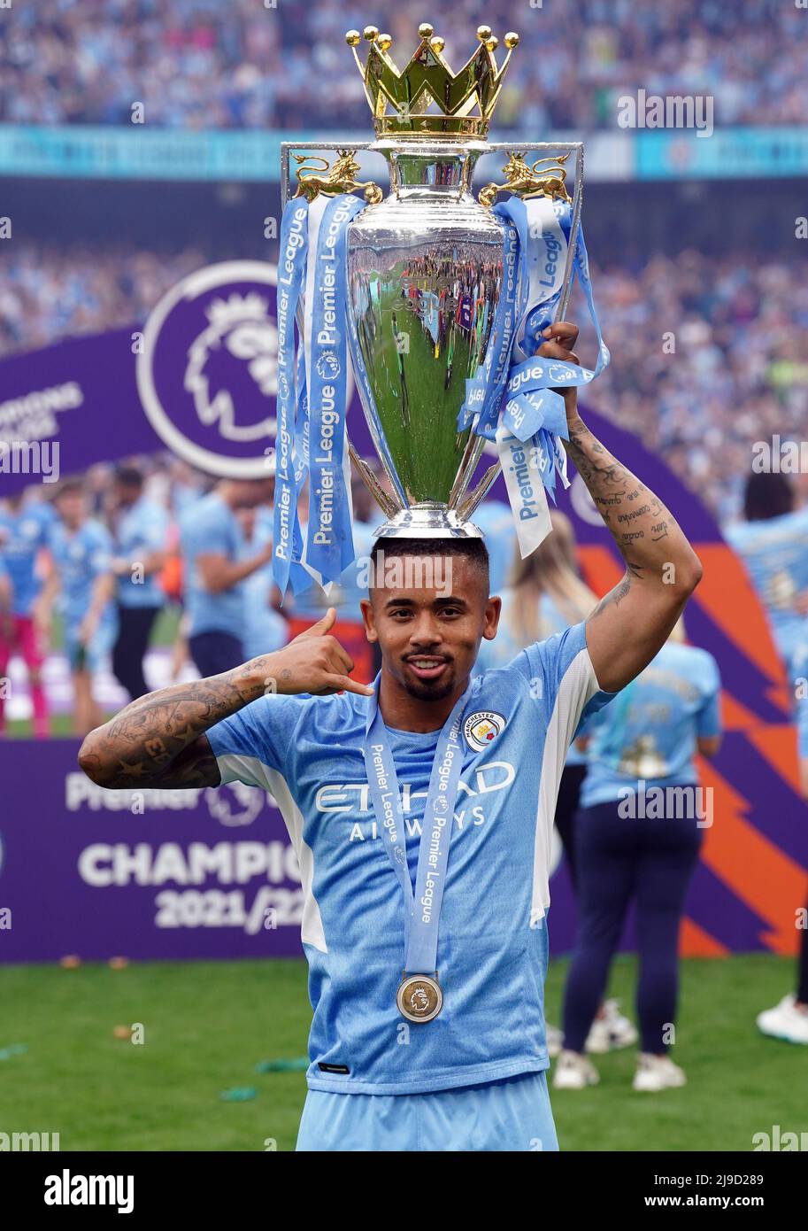 Manchester City's Gabriel Jesus with the Premier League trophy ...