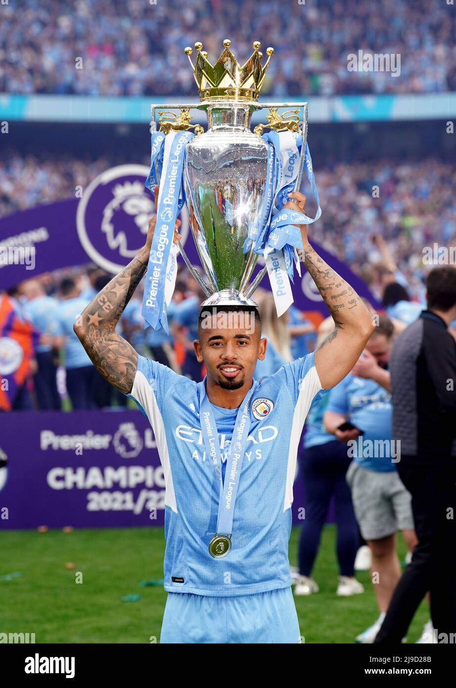Manchester City's Gabriel Jesus with the Premier League trophy ...