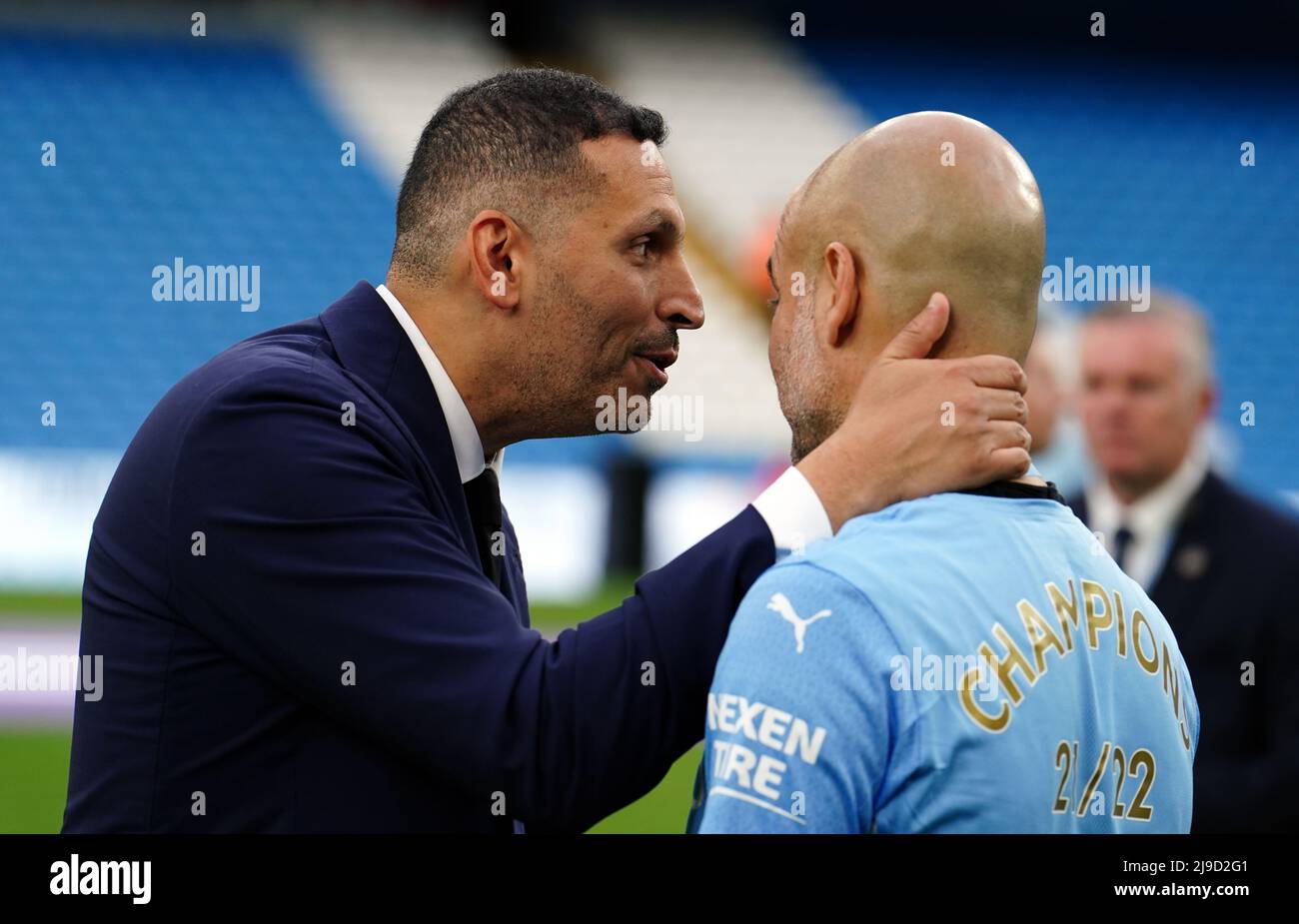 Manchester City chairman Khaldoon Al Mubarak with manager Pep Guardiola ...