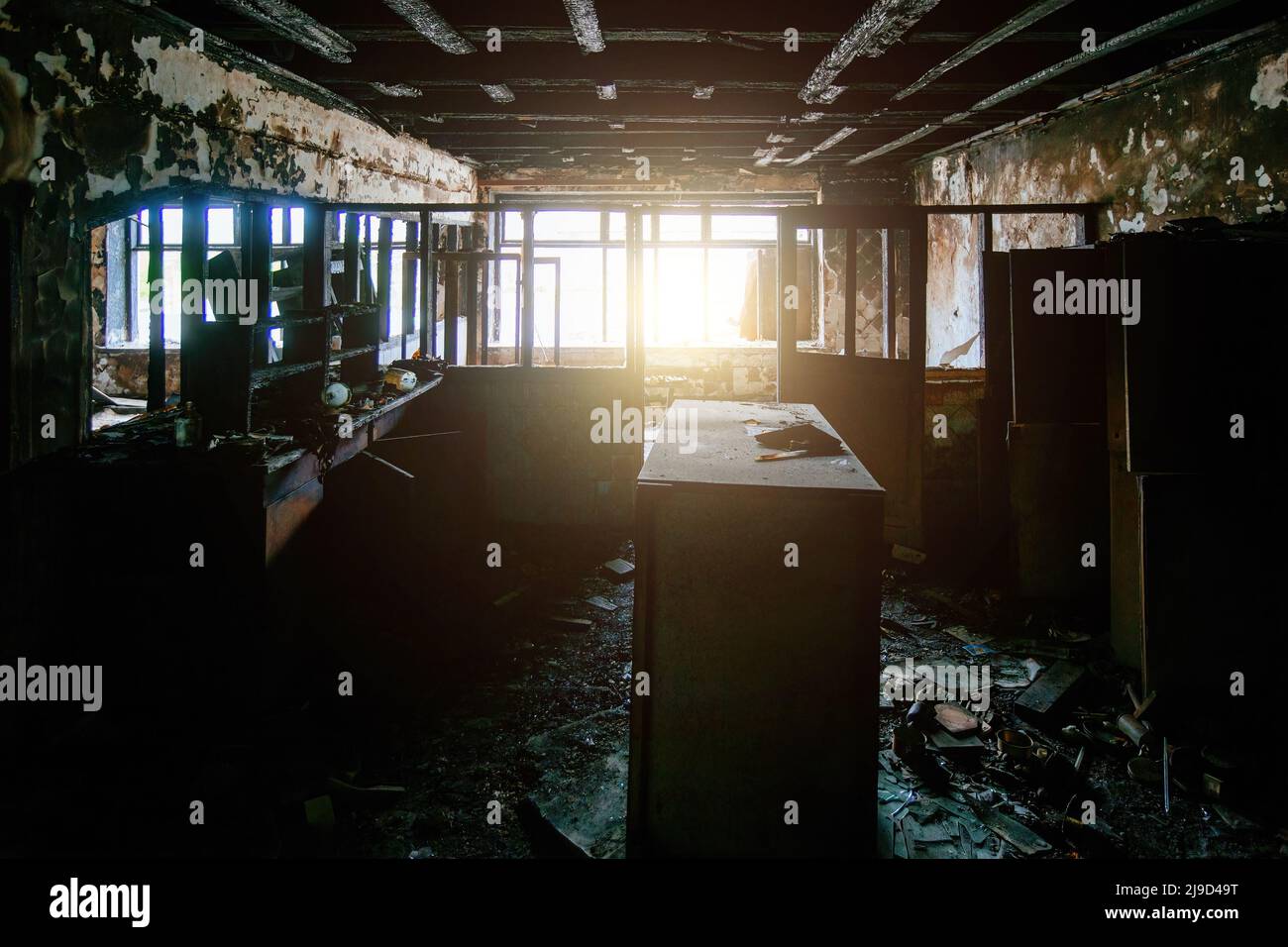 Burned interiors of hospital. Fire or war consequences concept Stock ...