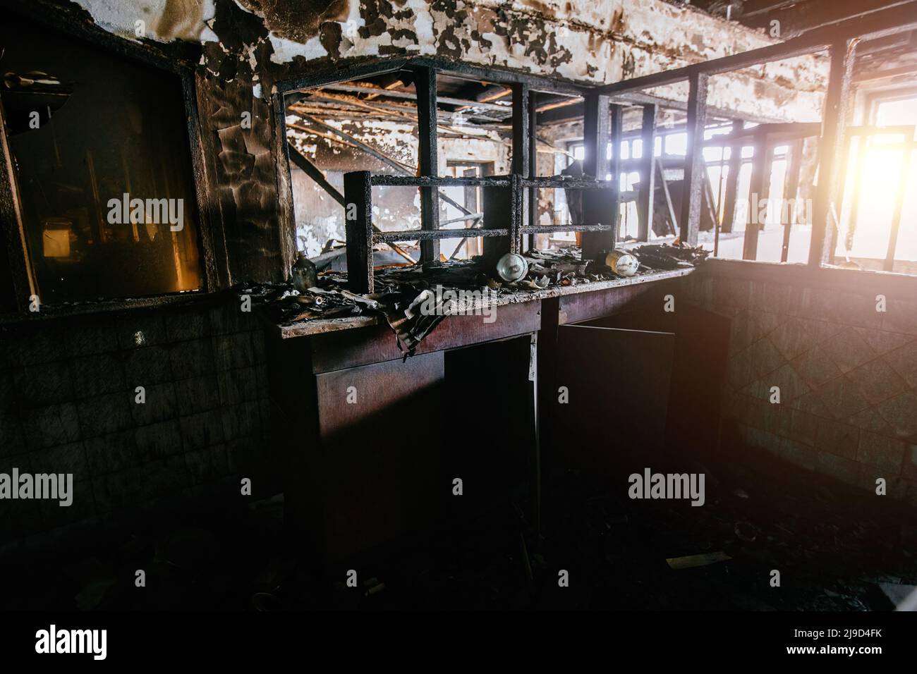 Burned interiors of hospital. Fire or war consequences concept Stock ...