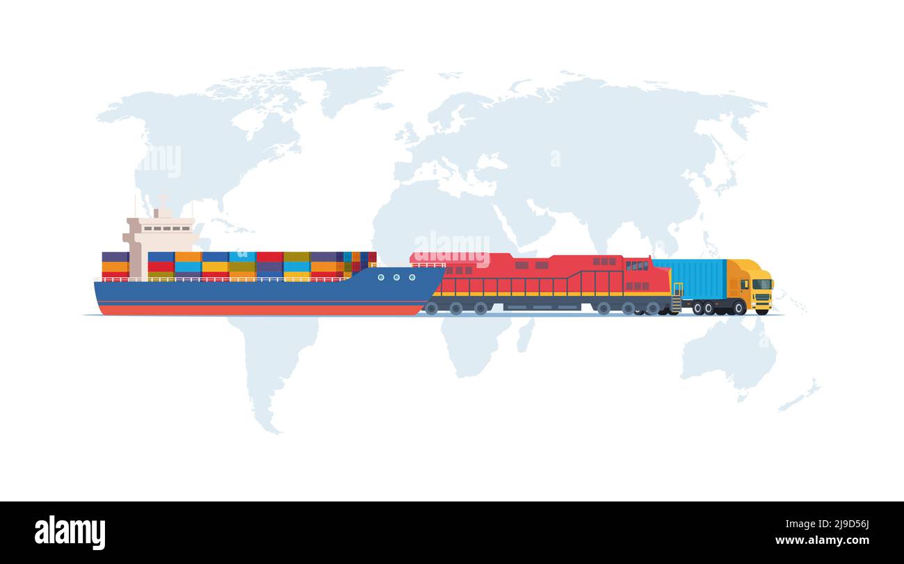 Cargo logistics transportation concept. Cargo ship, train, truck ...
