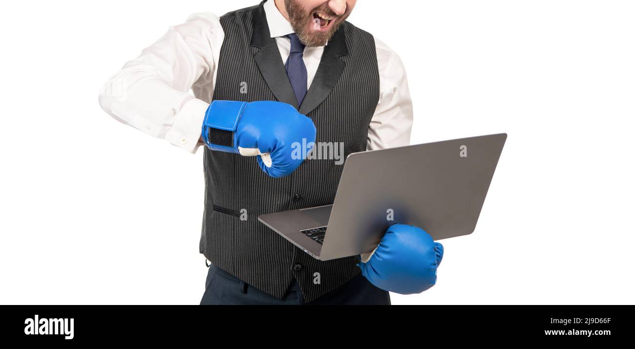cropped guy in boxing gloves and formalwear punch computer isolated on ...