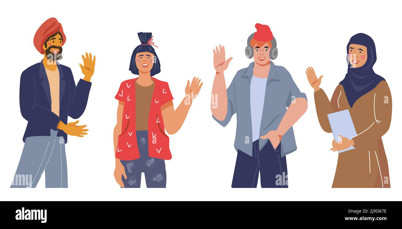 Multiracial people group standing and smiling, flat vector illustration ...