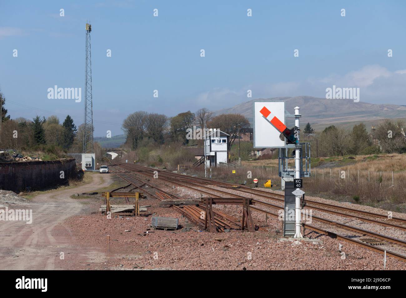 Railway at Kirkconnel, Scotland with the mechanical semaphore signals ...