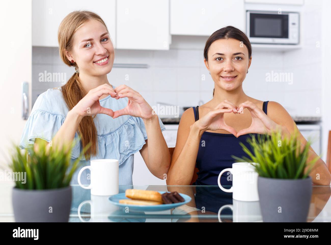 Young smiling emotional girlfriends showing the heart with hands and ...