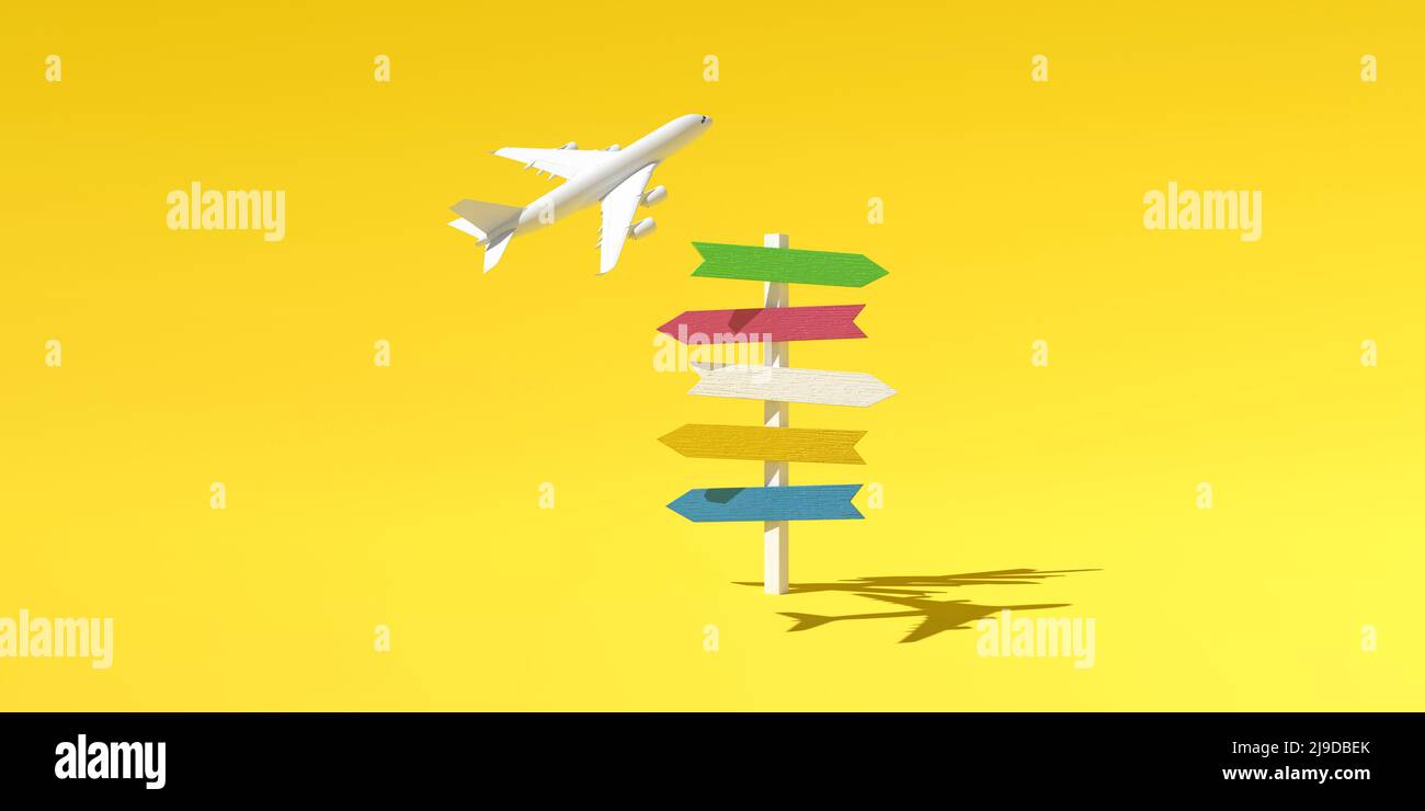 Wooden signboards pointing different directions and Airplane fly ...