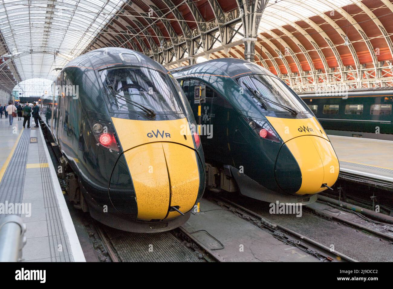 front view of two GWR locomotives at London Paddington Station England ...