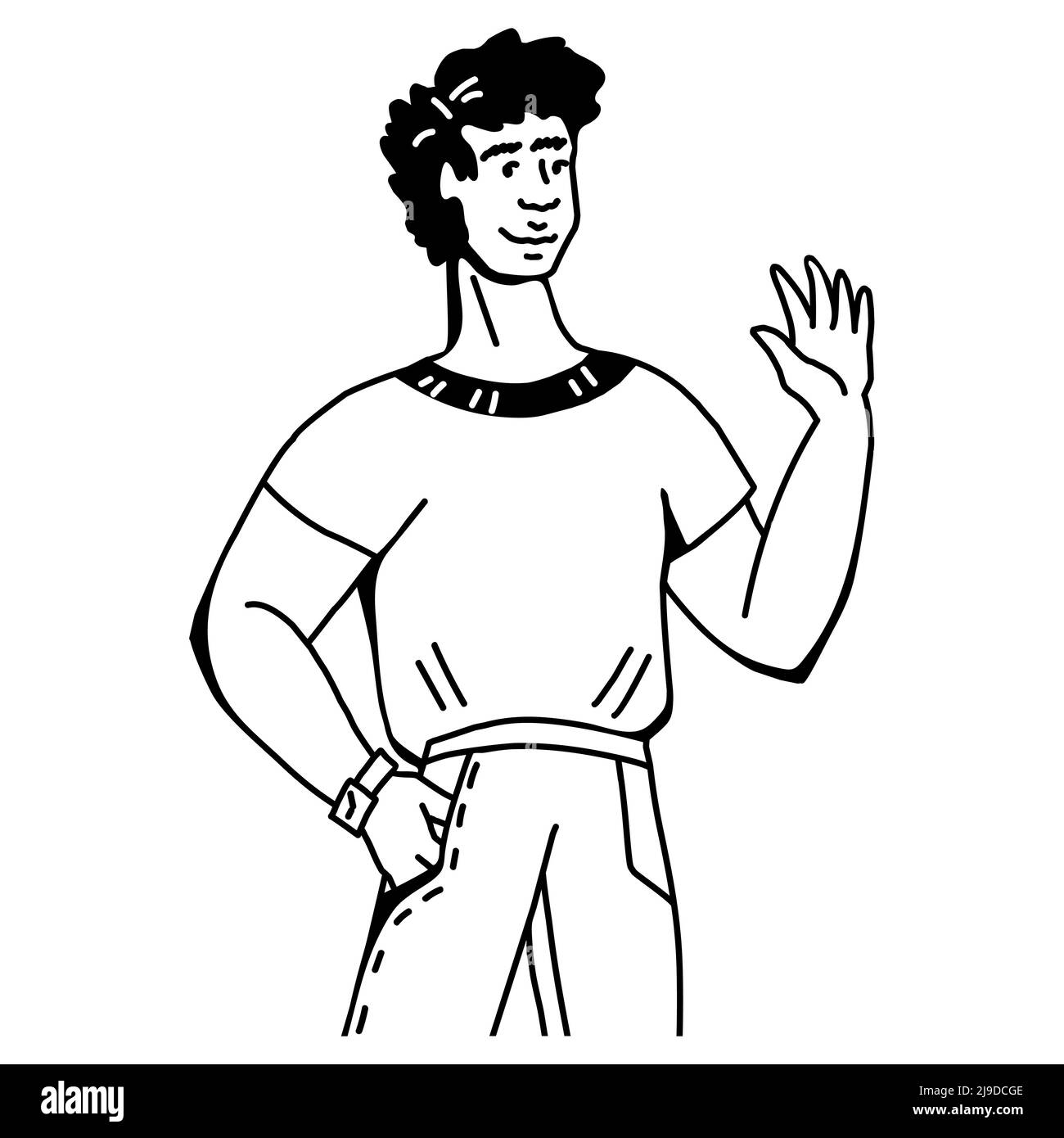 Man smiling waving hand in greeting gesture, line art vector ...