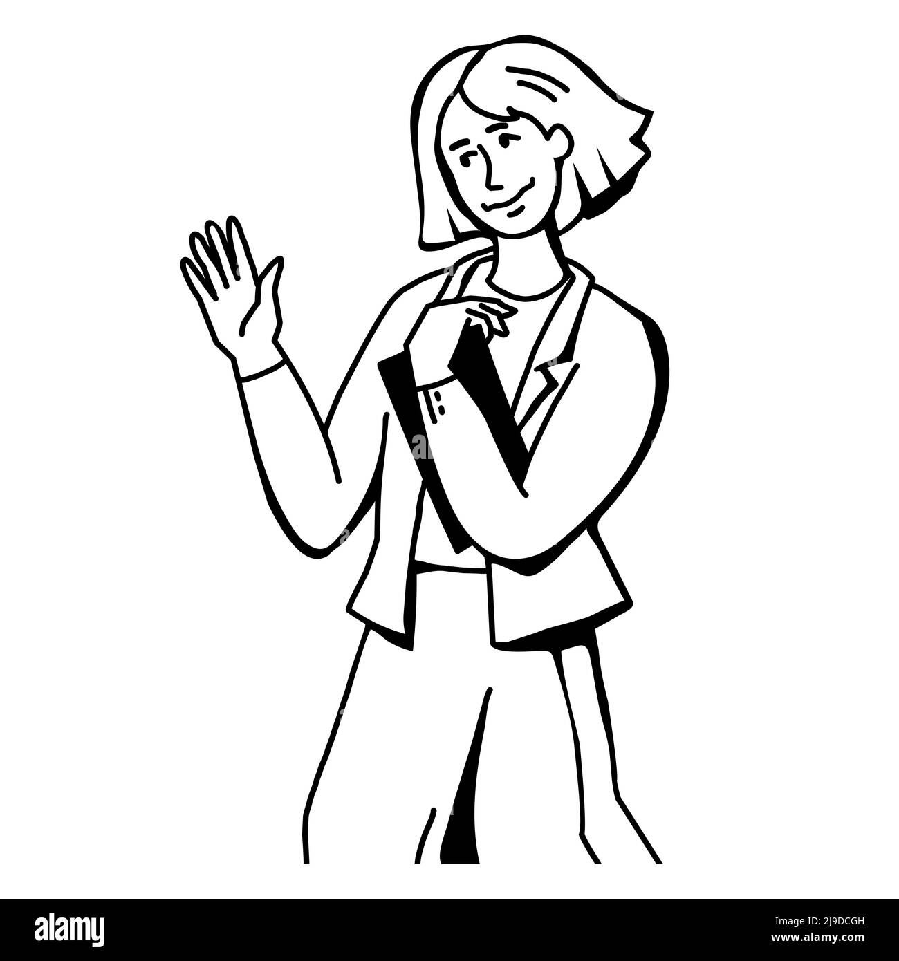 Young woman smiling waving hand in greeting gesture, line art or sketch ...