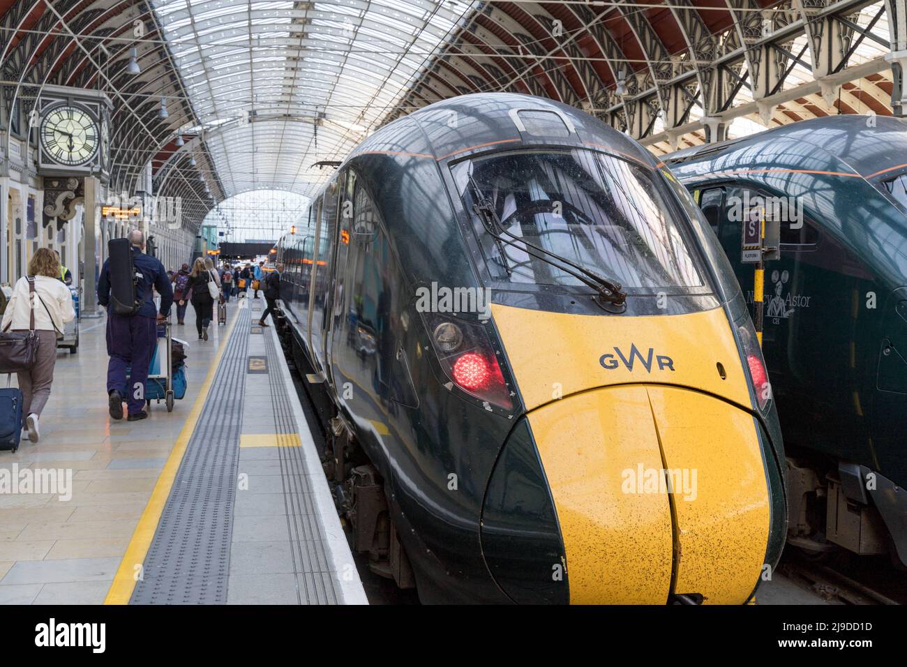 front carriage of GWR train at platform for passengers getting on the ...
