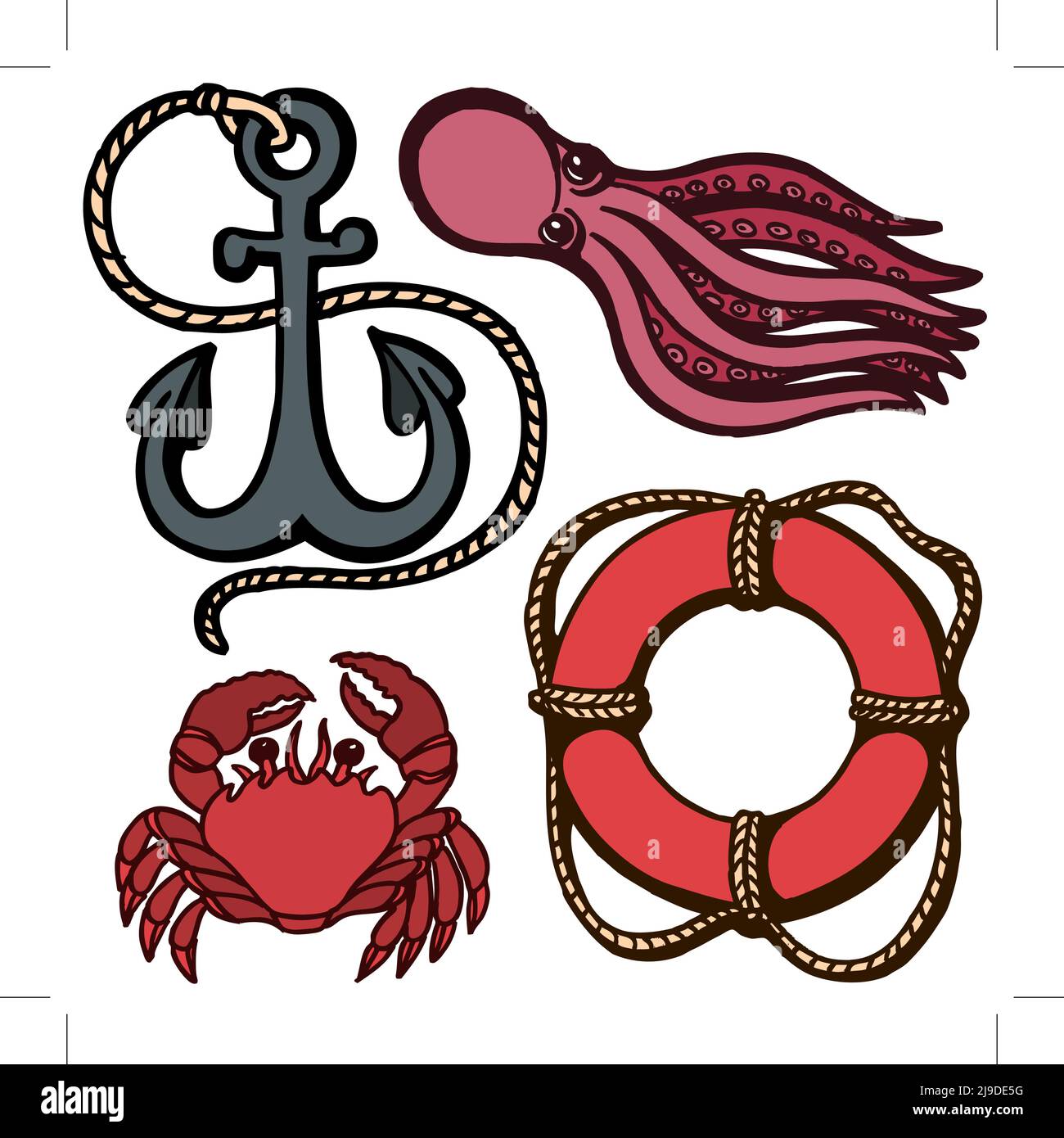 Ship s anchor, lifebuoy and marine animals. Marine set. Isolation ...