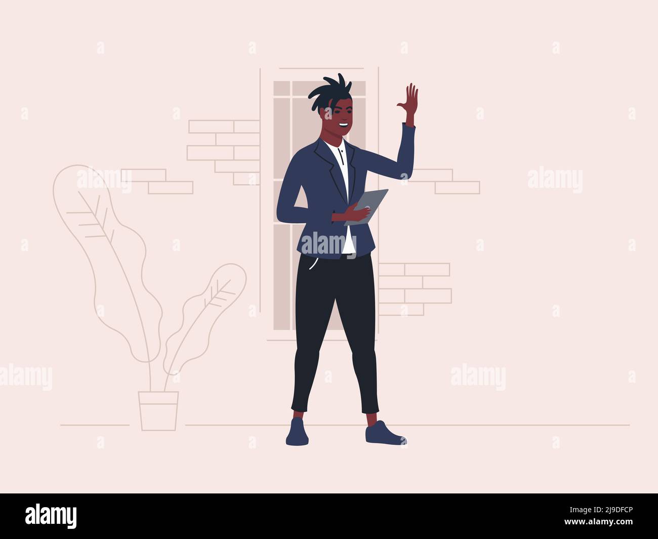 African American businessman in the office, saying hello and working on ...